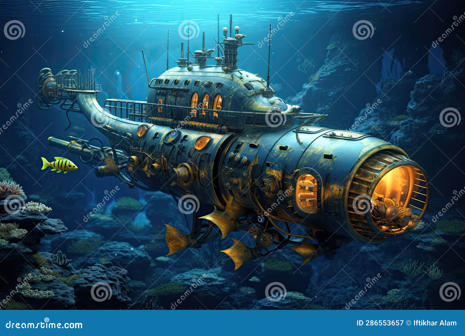Spaceship Underwater in Deep Blue Sea. 3D Rendering Stock Illustration ... Spaceship Underwater in Deep Blue Sea. 3D Rendering Stock Illustration ...