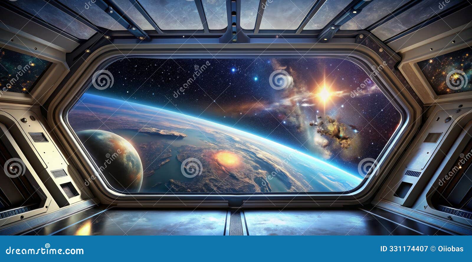 Spaceship Viewport - Earth and Nebula 3D Render Stock Illustration ...