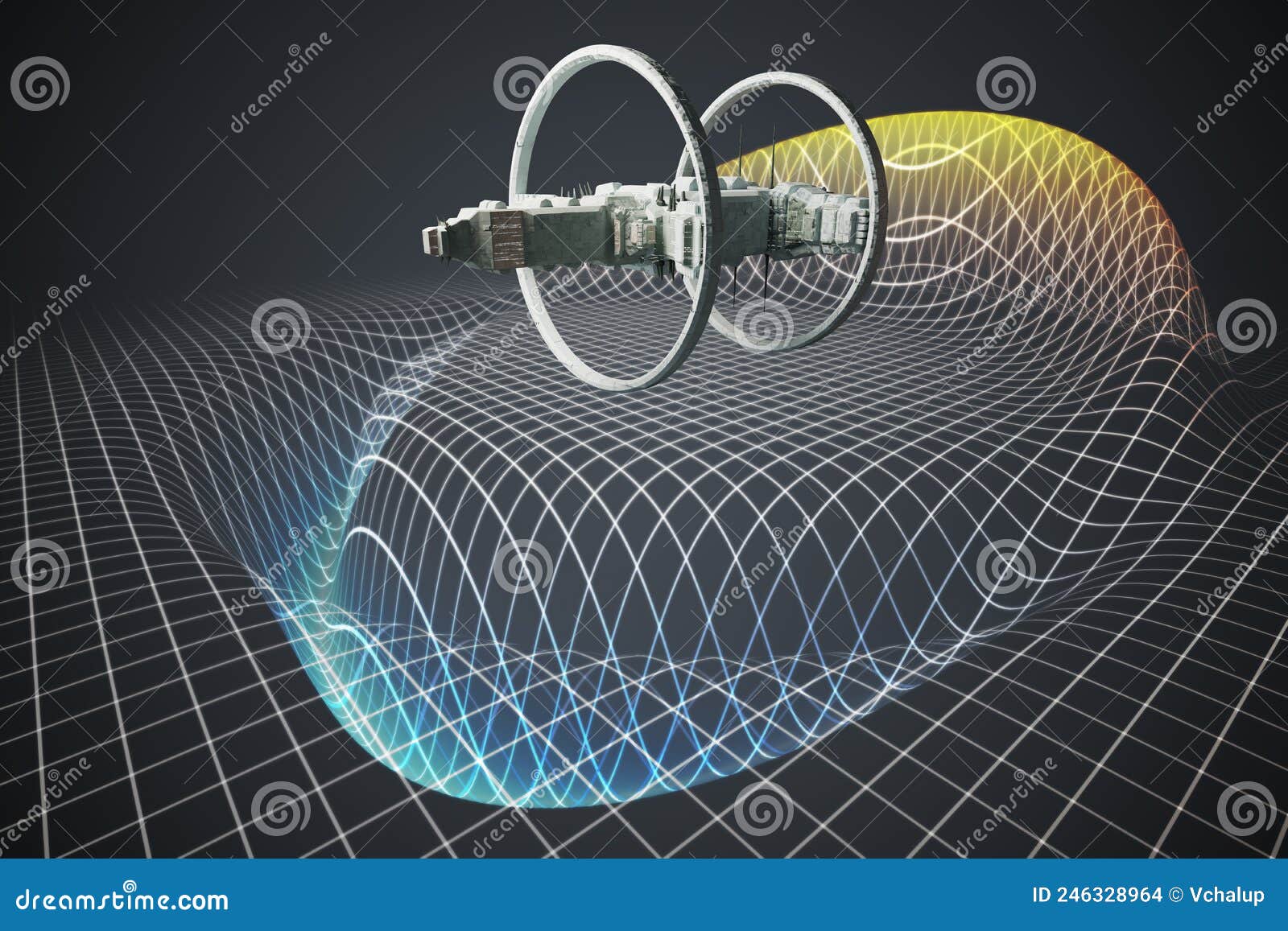 Spaceship with Warp Drive in Curved Hyper Space. 3D Rendered ...