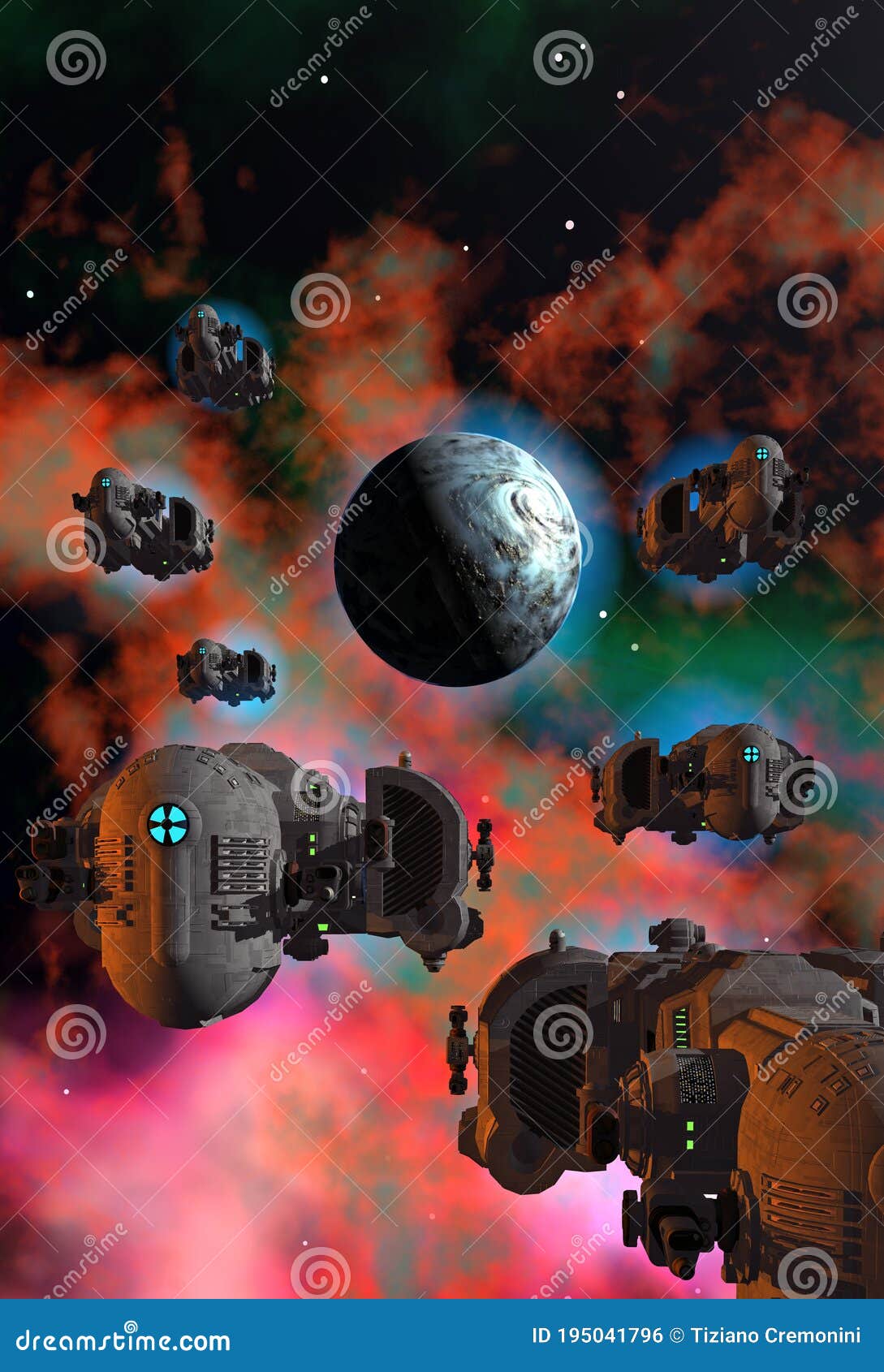 Spaceships Flying Around a Planet in the Deep Space, 3d Rendering Stock ...
