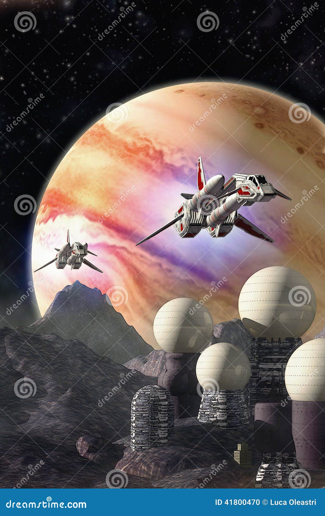 Spaceships and Jupiter Moon Colony Stock Illustration - Illustration of ...