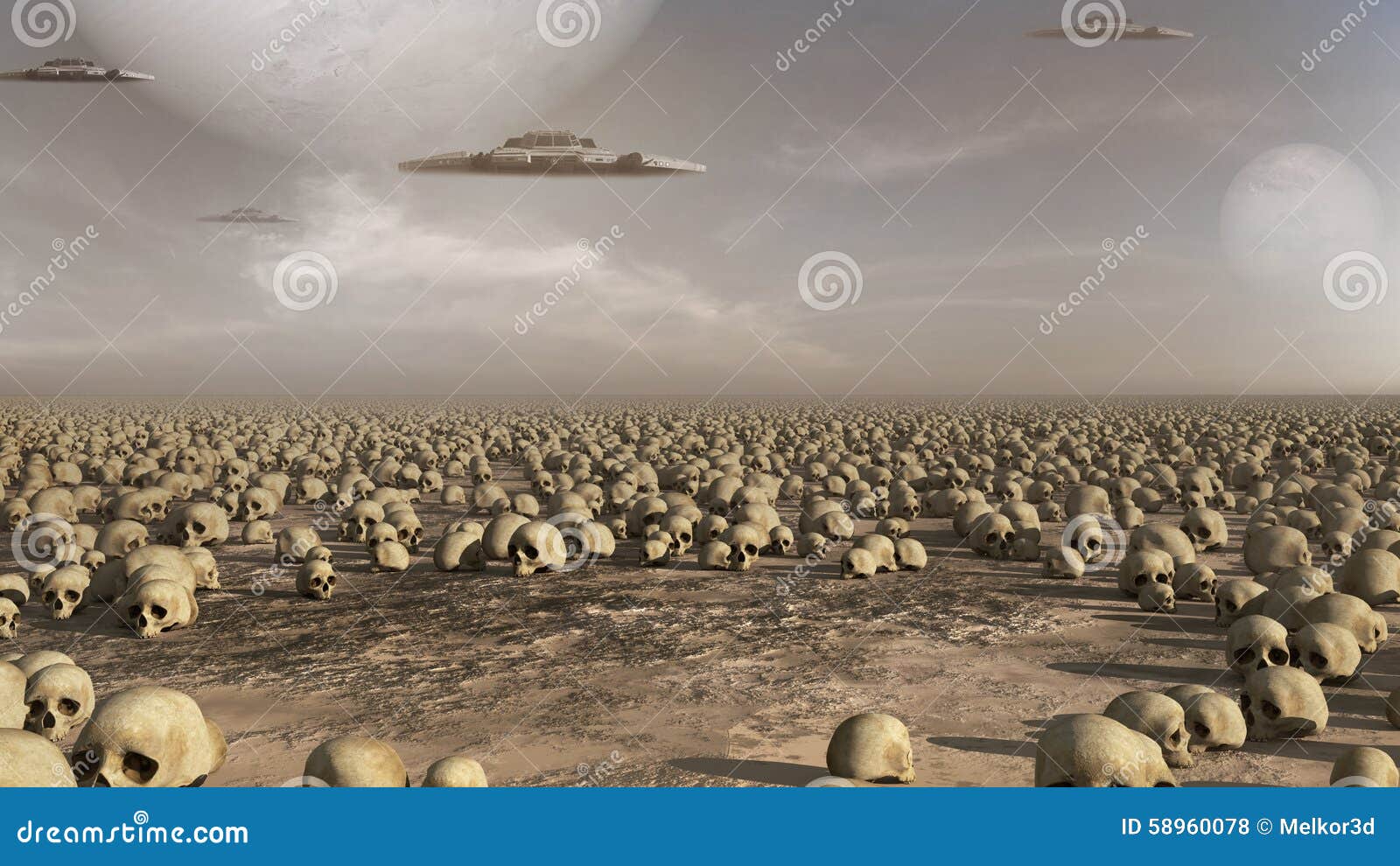 Spaceships Over a Field of Skulls Stock Illustration - Illustration of ...