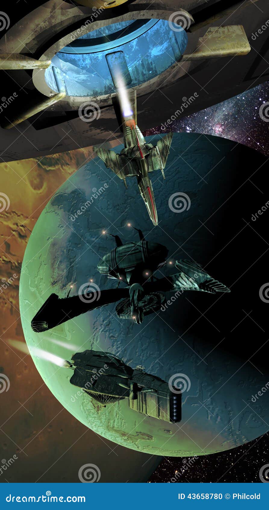 Spaceships and planets stock illustration. Illustration of cosmos ...