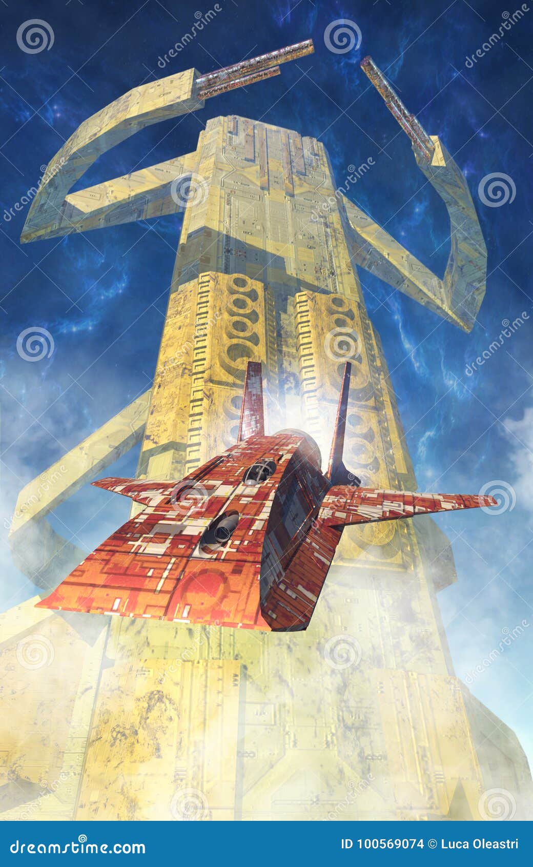 Spaceships and tower city stock illustration. Illustration of render ...