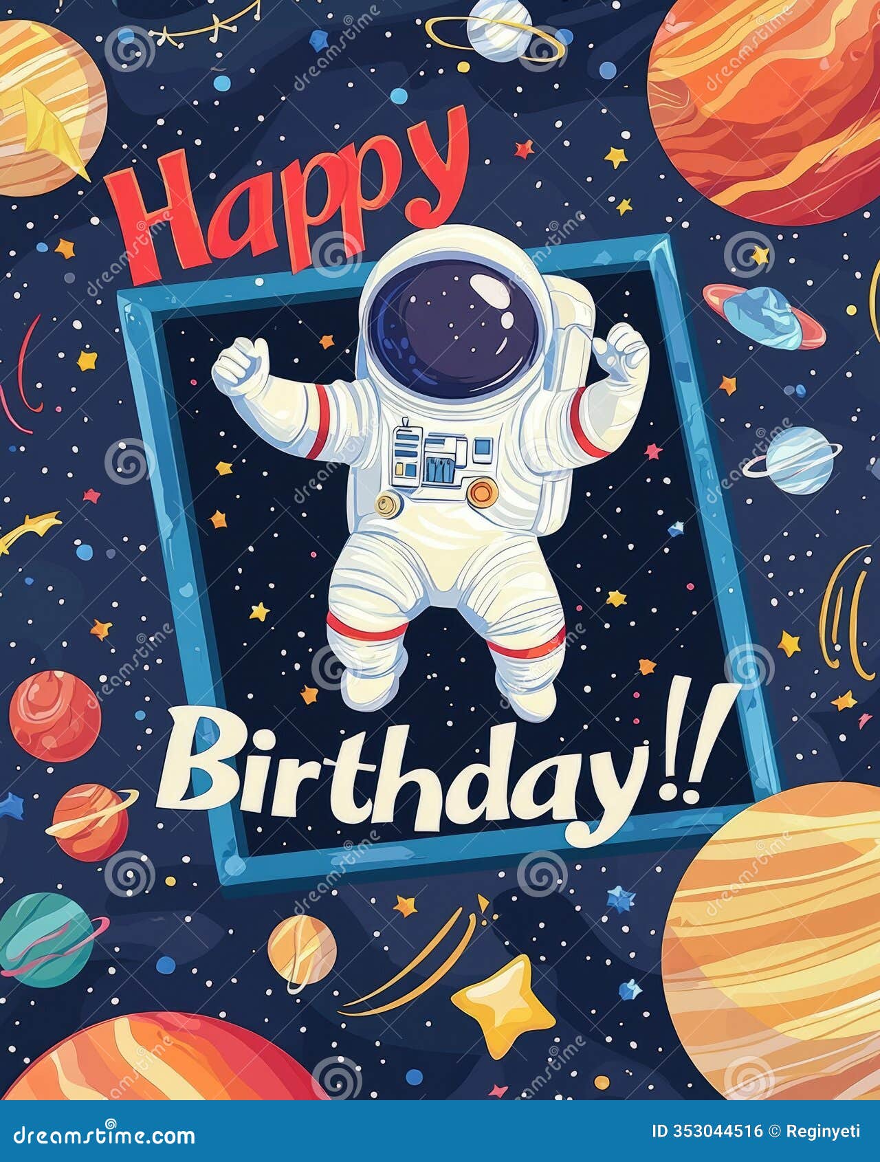 Spacethemed Happy Birthday Card with Astronaut in 3D Vector Stock ...