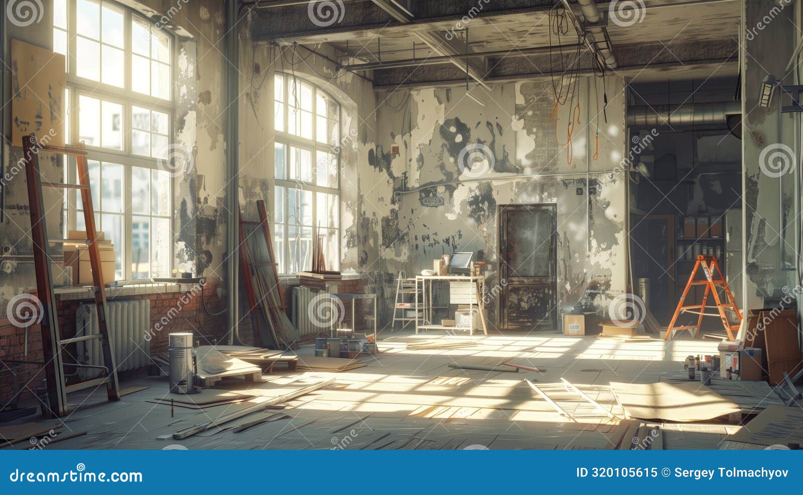 Spacious Abandoned Dilapidated Room with Big Windows Stock Image ...