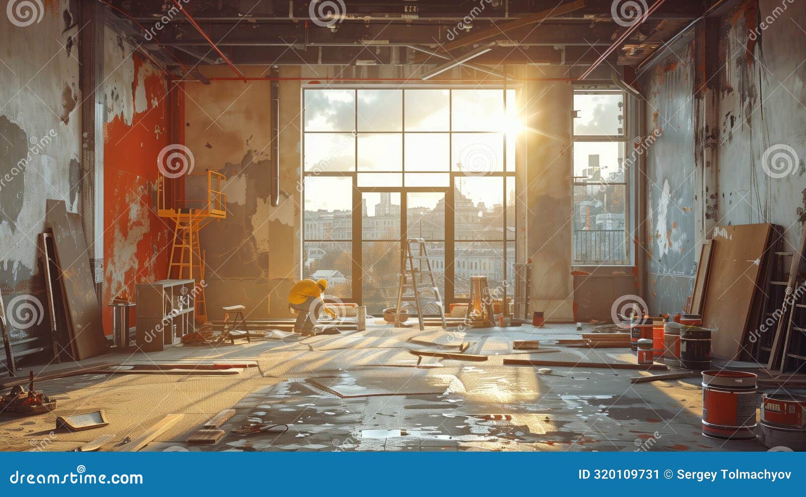 Spacious Abandoned Dilapidated Room with Big Windows Stock Image ...