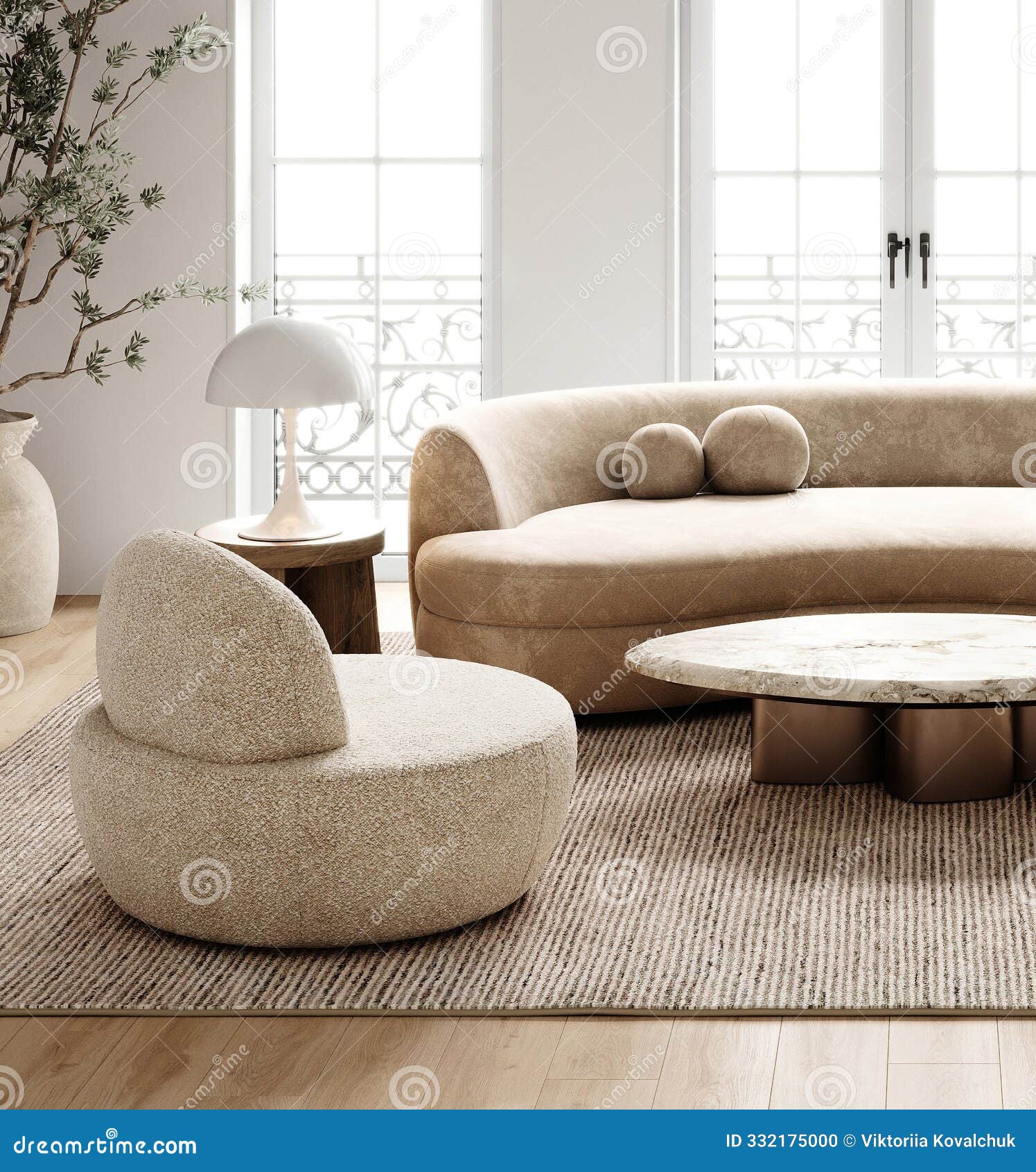 Spacious and Airy Boho Chic Living Room with Curved Sofa and Natural ...