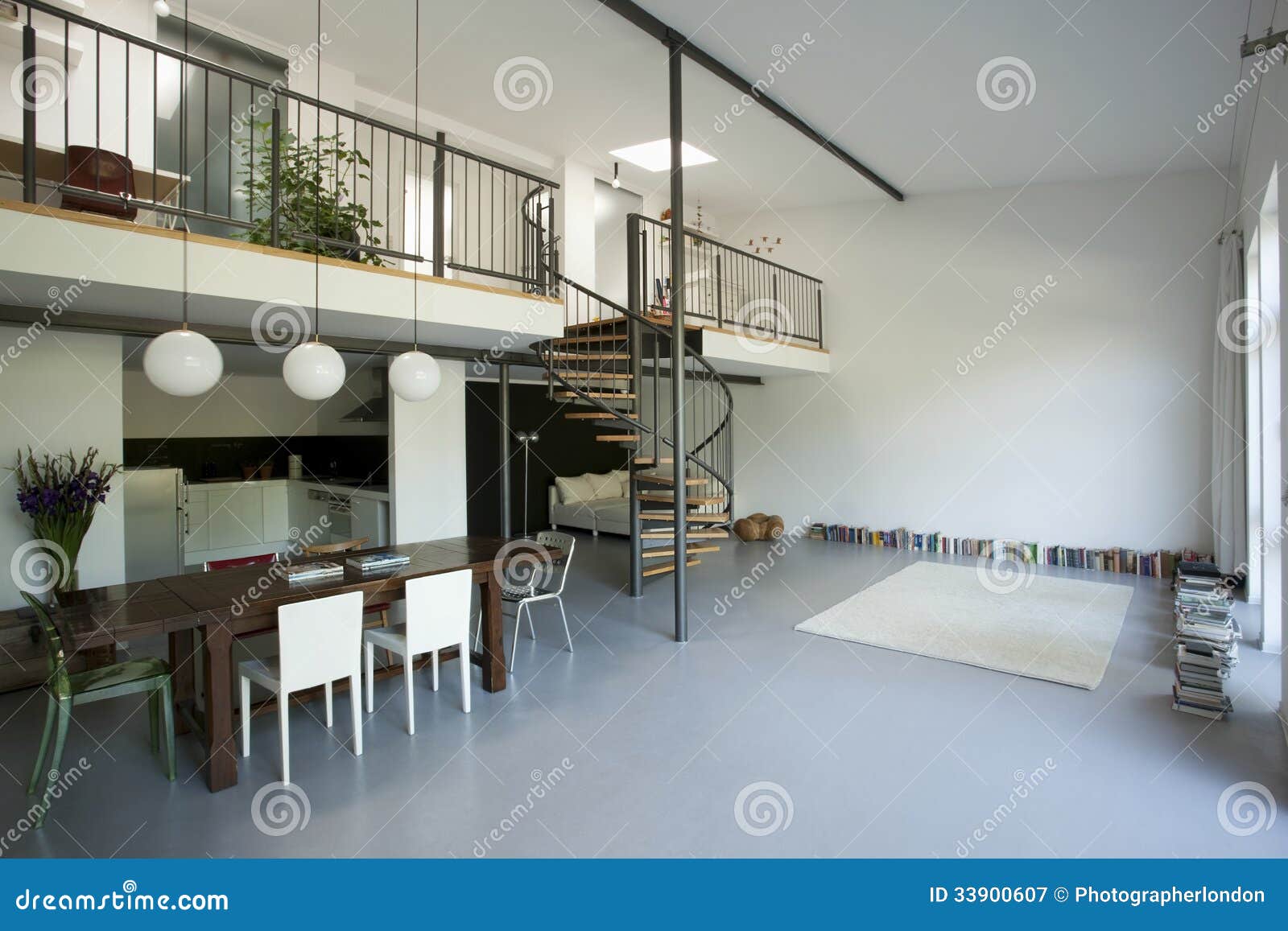 Spacious Apartment with Mezzanine Stock Image - Image of handrail ...