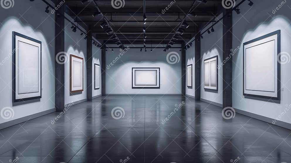 Empty Art Gallery with Unfilled Frames Under Spotlights in a Modern ...
