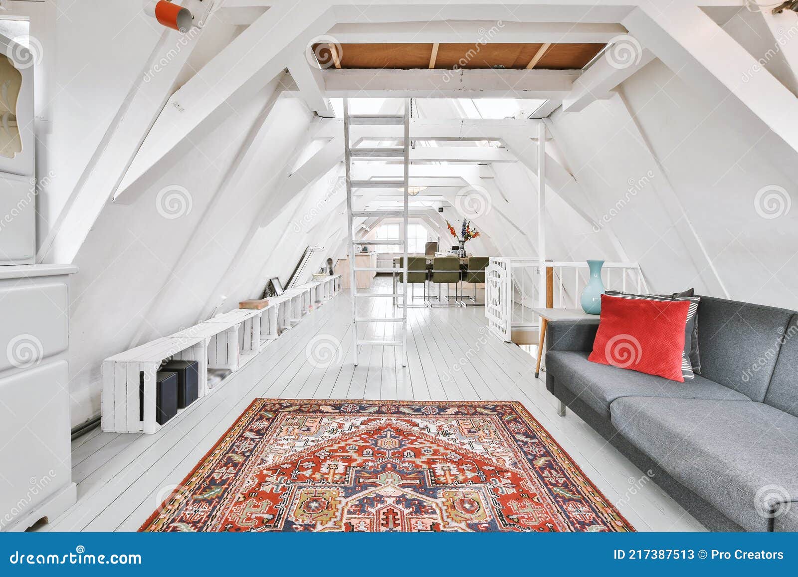 Spacious Attic Room with Sofa and Kitchen Stock Image - Image of design ...
