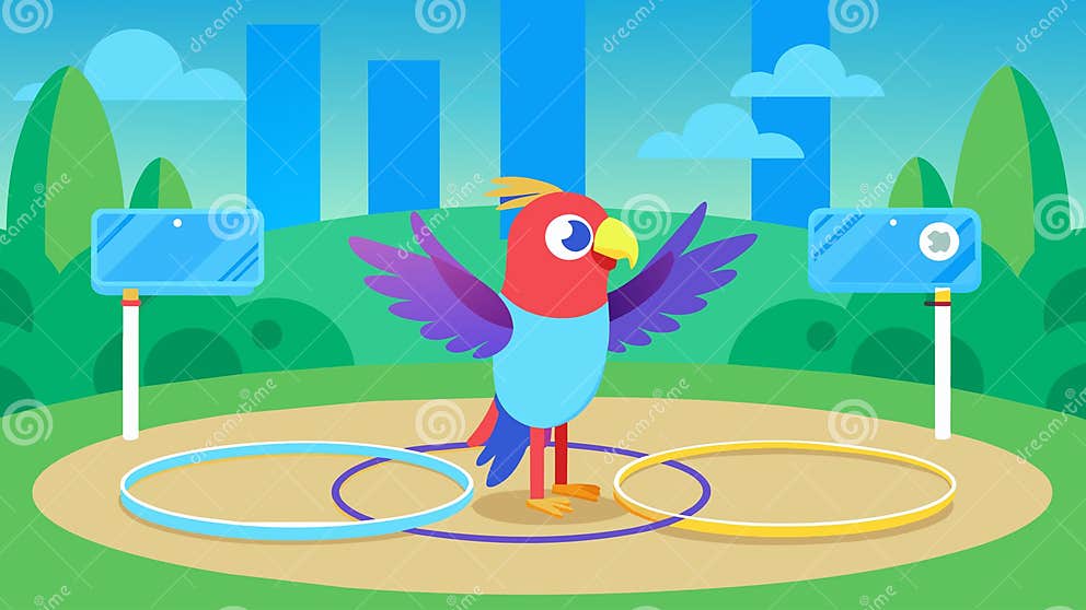 In a Spacious Backyard a Proud Parrot Hops Along a Series of Virtual ...