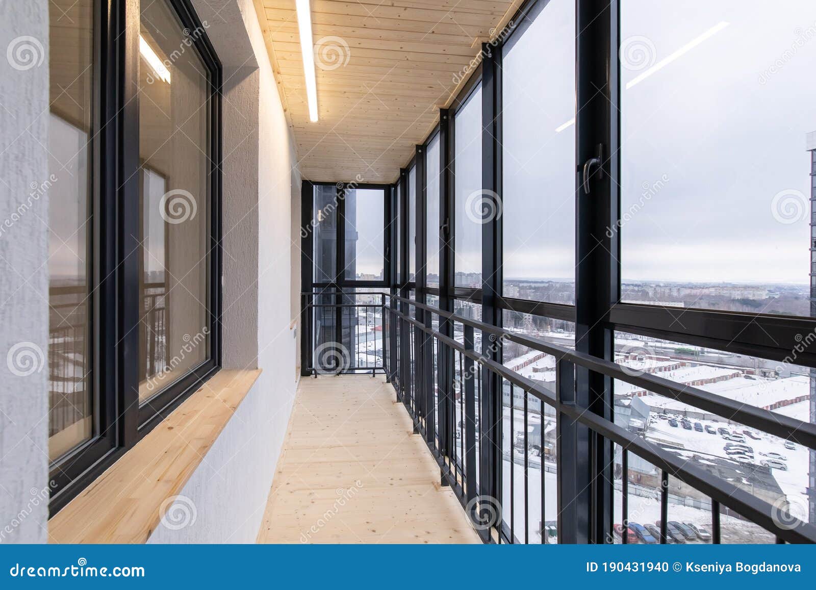 Spacious Balcony, Solid Wood Floors and Floor-to-ceiling Windows Stock ...
