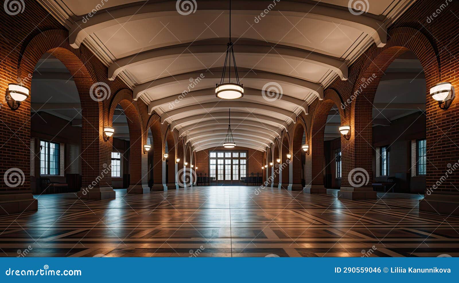A Spacious Brick Concrete Hall in Soft, Light Colors, Illuminated by an ...