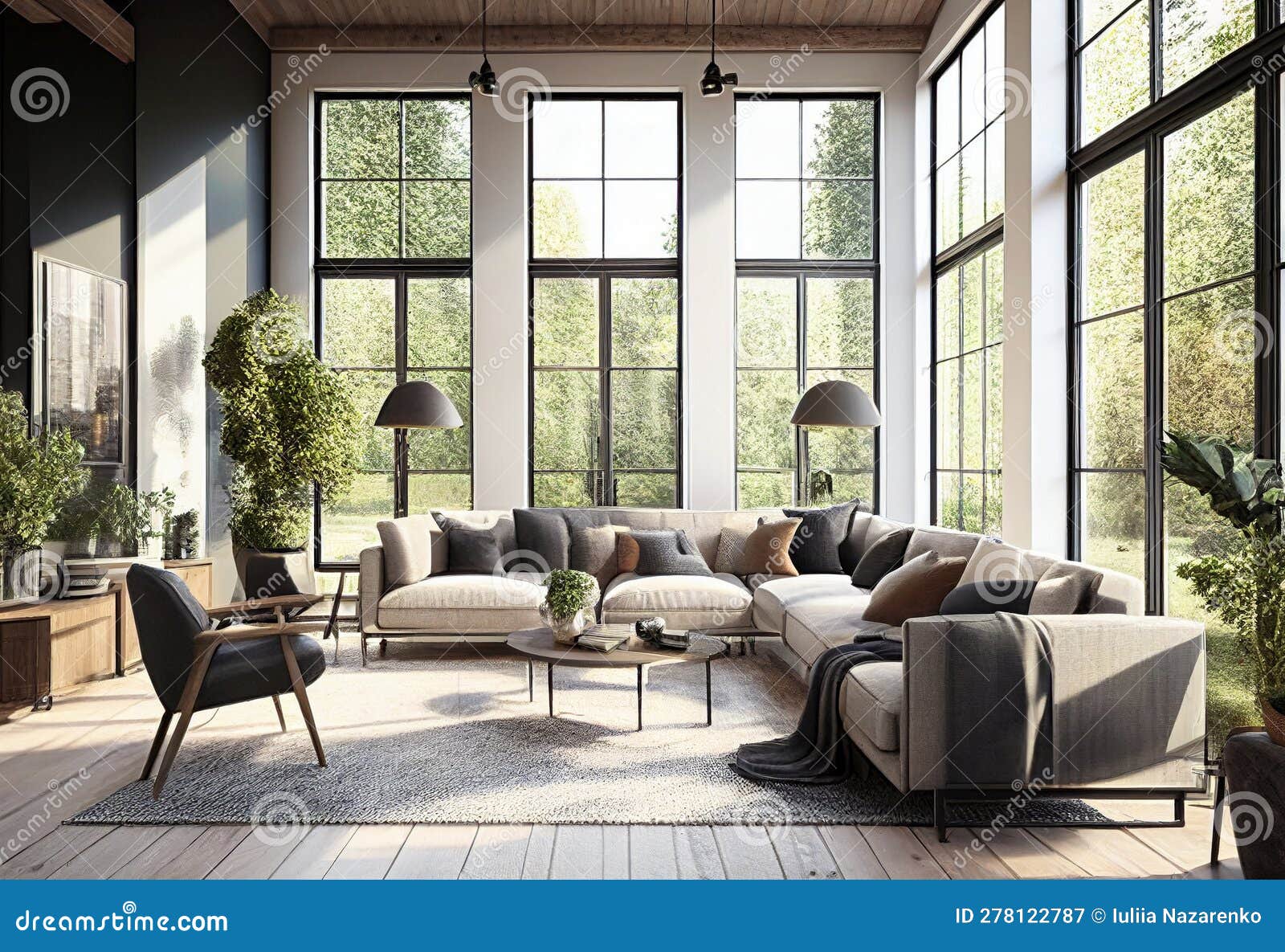 Spacious Bright Living Room with Panoramic Windows. AI Generated Stock ...