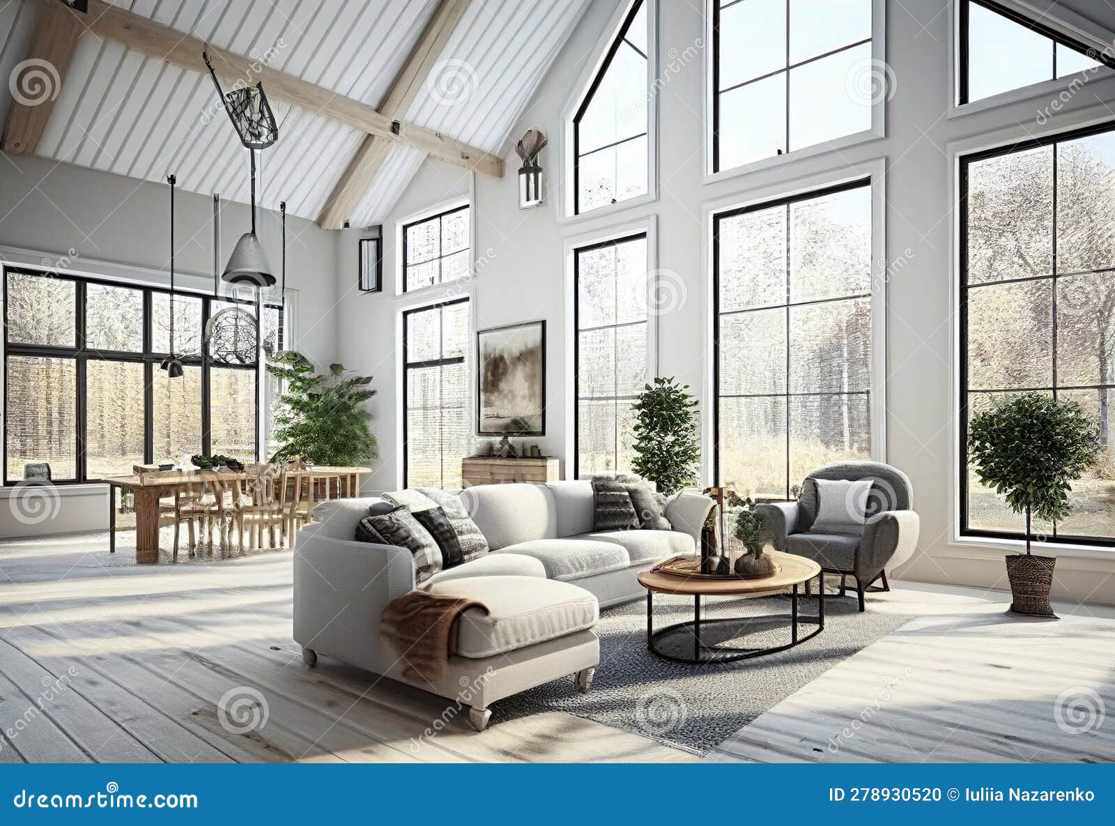 Spacious Bright Living Room with Panoramic Windows. AI Generated Stock ...