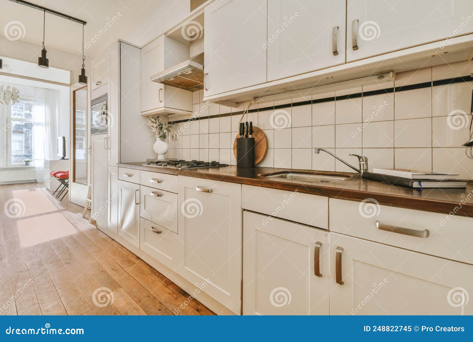 Spacious Bright White Kitchen with Corridor Stock Image - Image of ...
