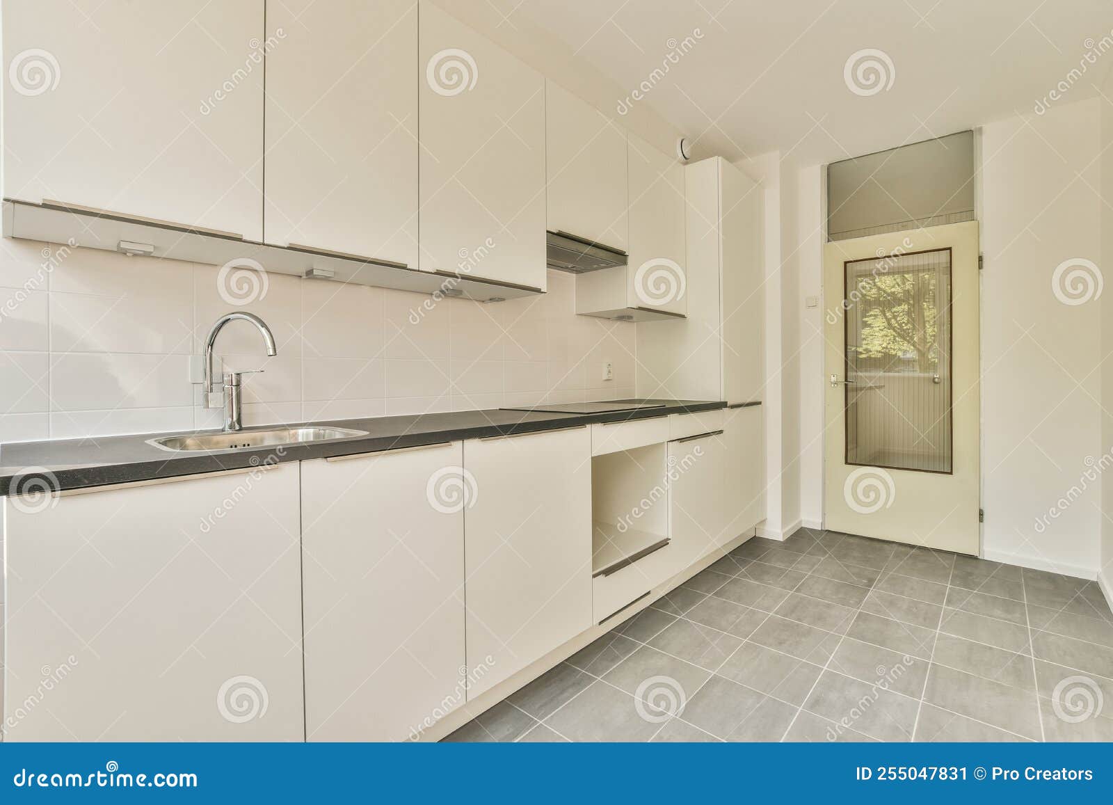 Spacious Bright White Kitchen with Windows Stock Image - Image of ...