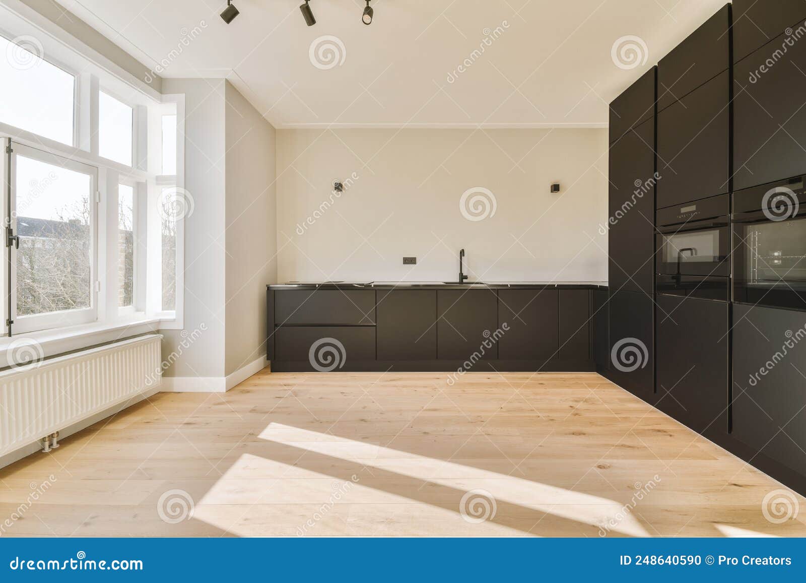 Spacious Bright White Kitchen with Windows Stock Photo - Image of ...