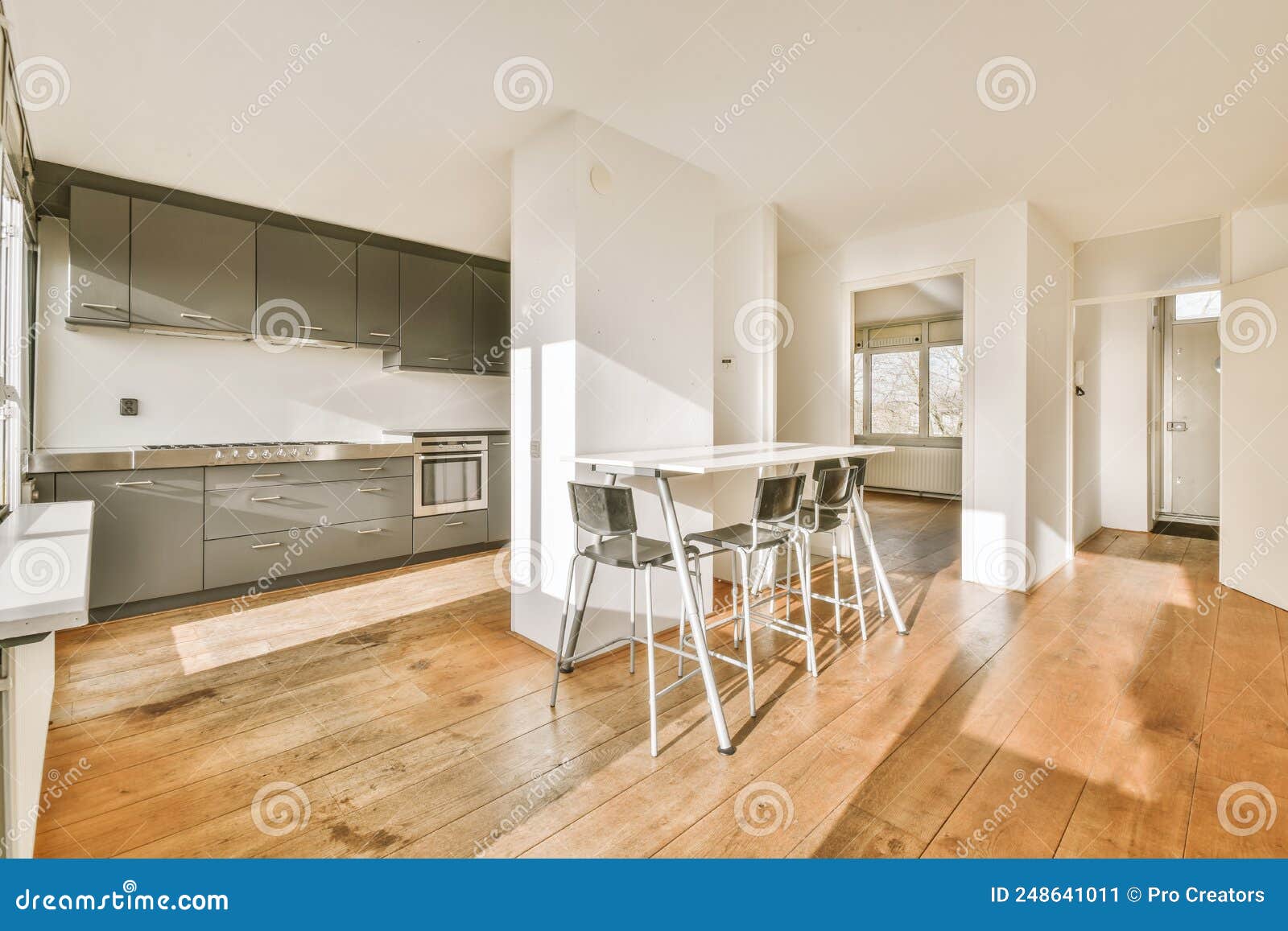 Spacious Bright White Kitchen with Windows Stock Image - Image of lamp ...