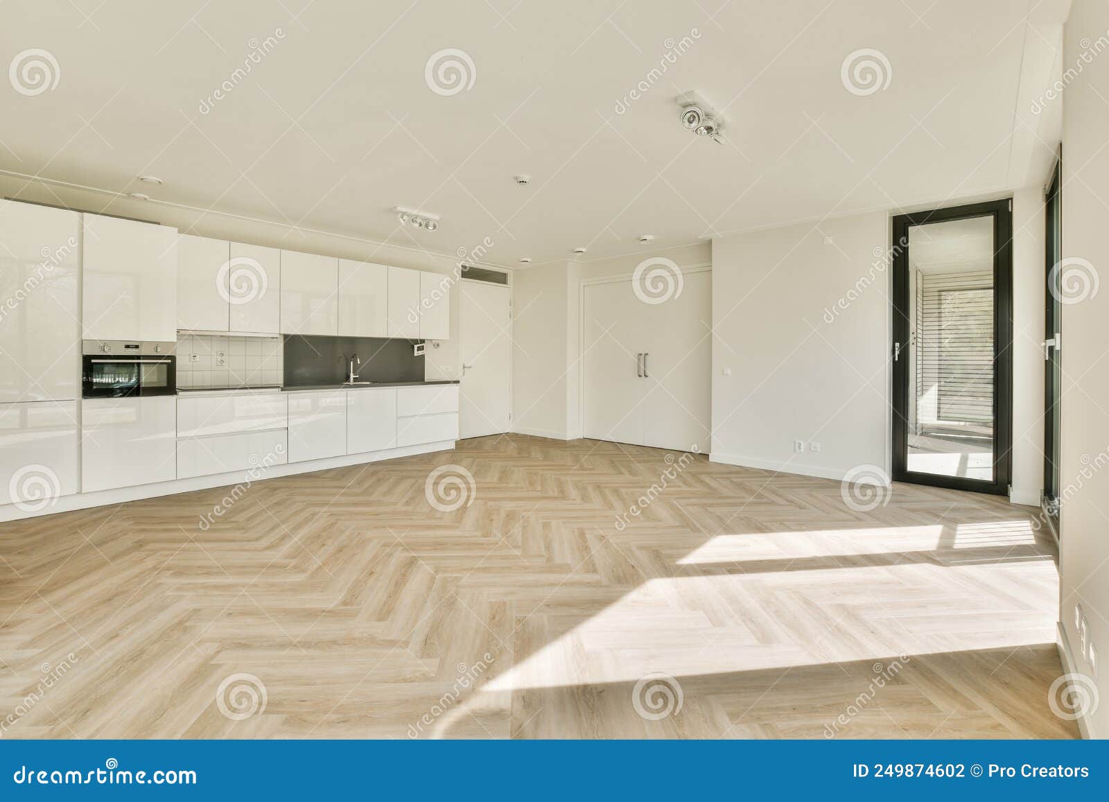 Spacious Bright White Kitchen with Windows Stock Photo - Image of lamp ...