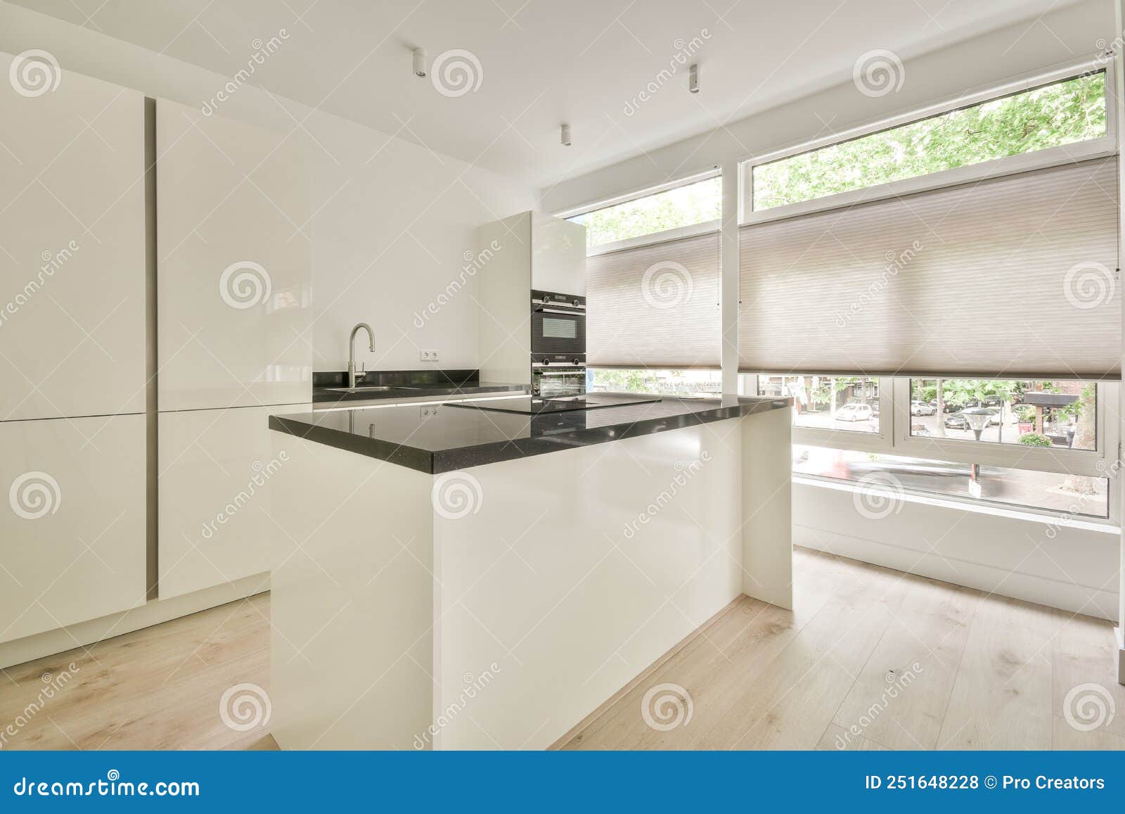 Spacious Bright White Kitchen with Windows Stock Photo - Image of floor ...