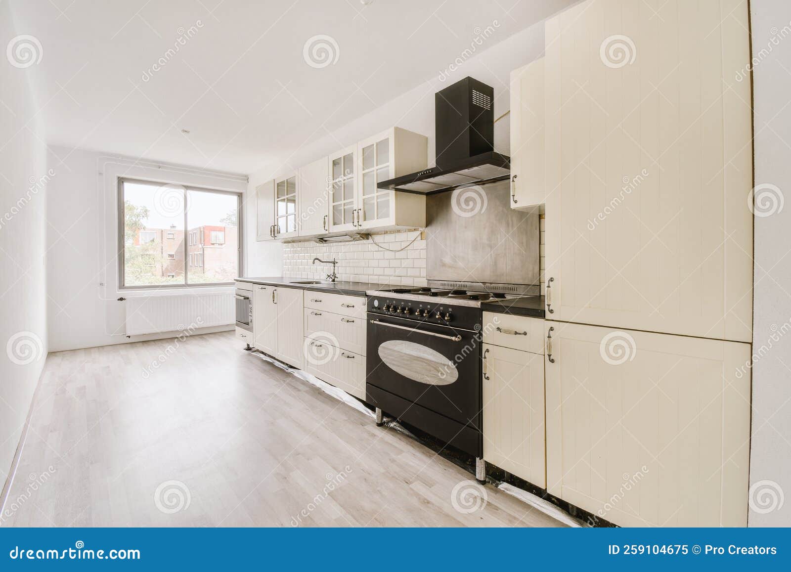 Spacious Bright White Kitchen with Windows Stock Image - Image of oven ...