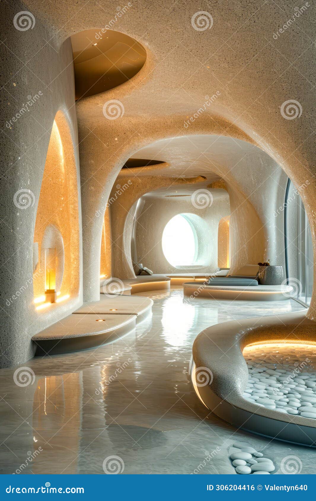 Spacious Cave-like Room with Pool and Benches Along the Sides ...