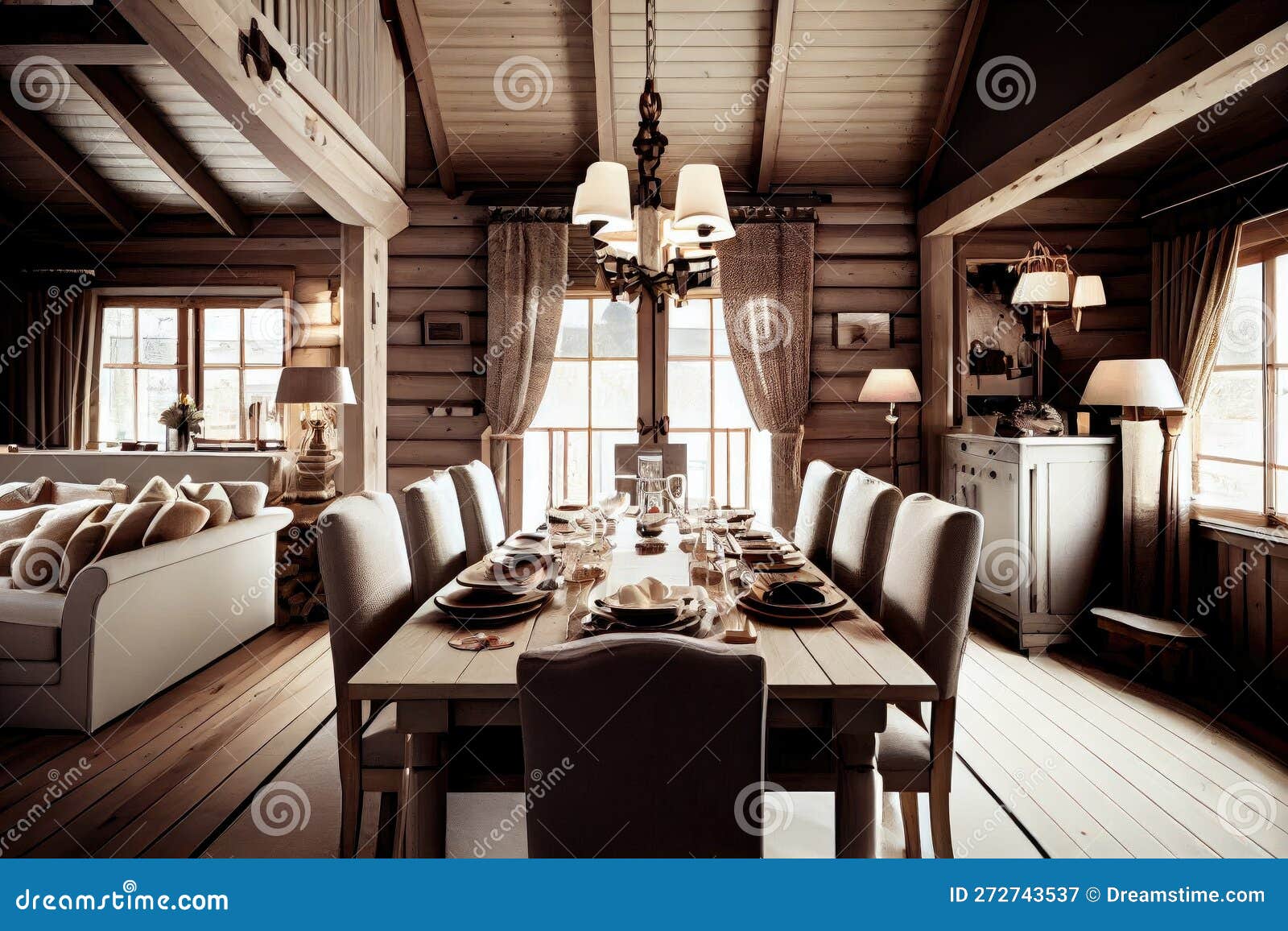 Spacious Chalet Interior with Big Dining Table on Chalet in Beige Tones ...