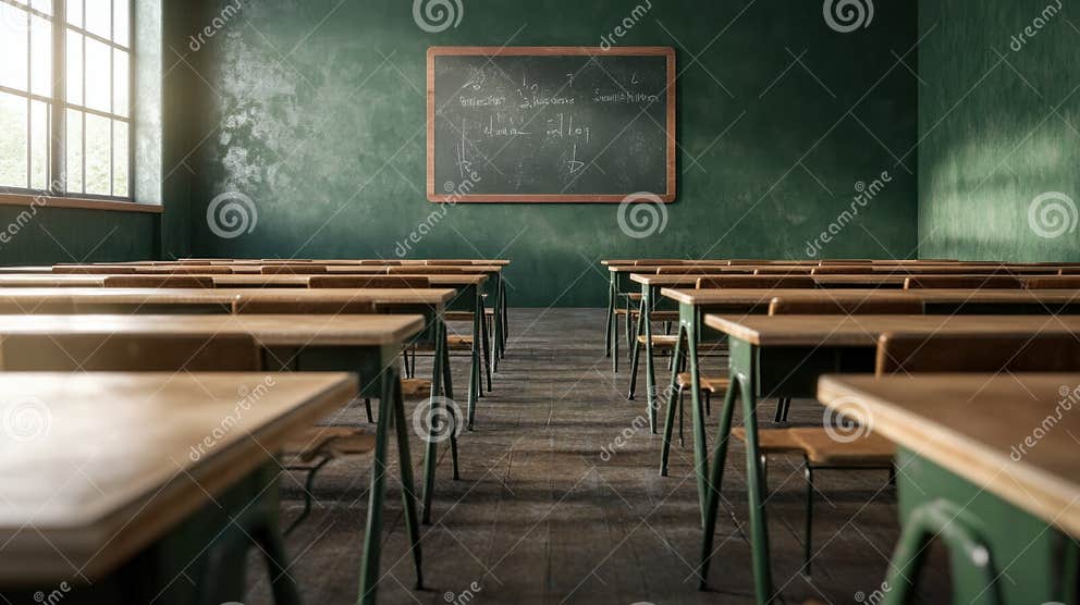 Spacious Classroom with Chalkboard and Desks Arranged for Interactive ...