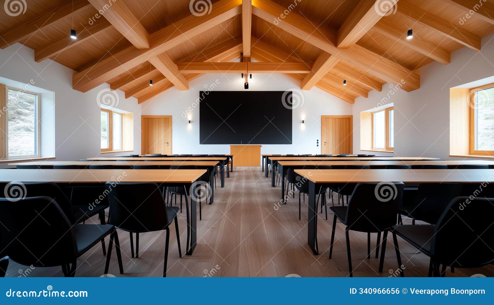 Spacious Classroom Interior with Wooden Ceiling and Rows of Desks Stock ...