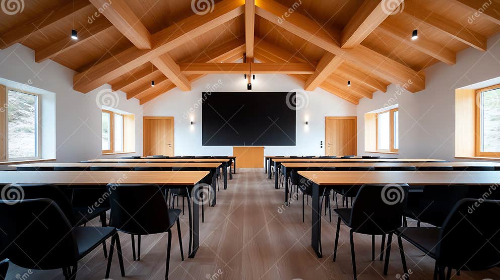 Spacious Classroom Interior with Wooden Ceiling and Rows of Desks Stock ...