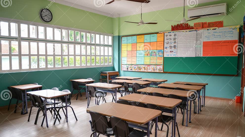 A Spacious Classroom Setting with Desks Arranged for Learning, Vibrant ...
