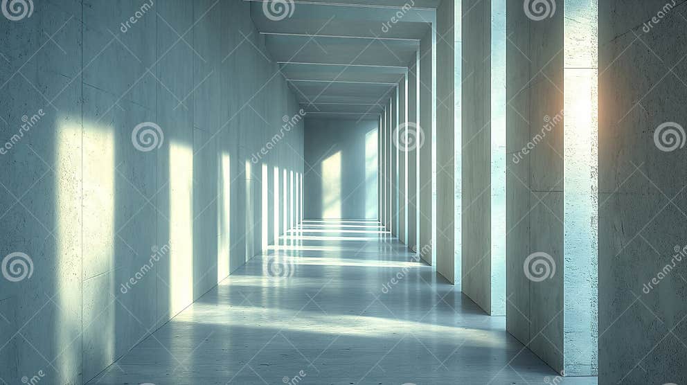 Bright Modern Concrete Hallway with Sunlight and Strong Shadows ...