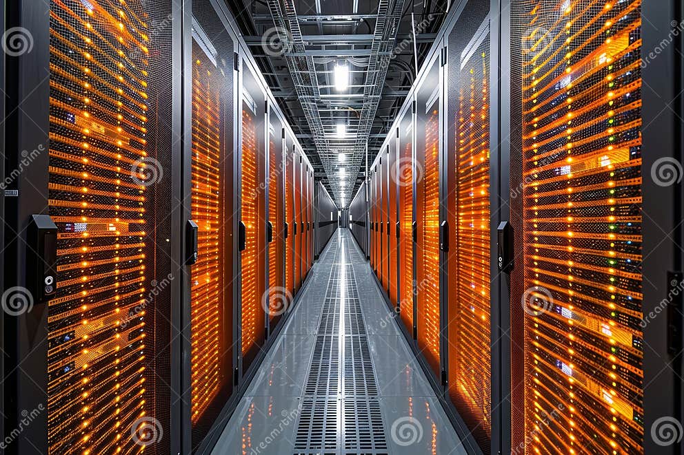 Modern Data Center with Rows of Illuminated Servers in a High-tech ...