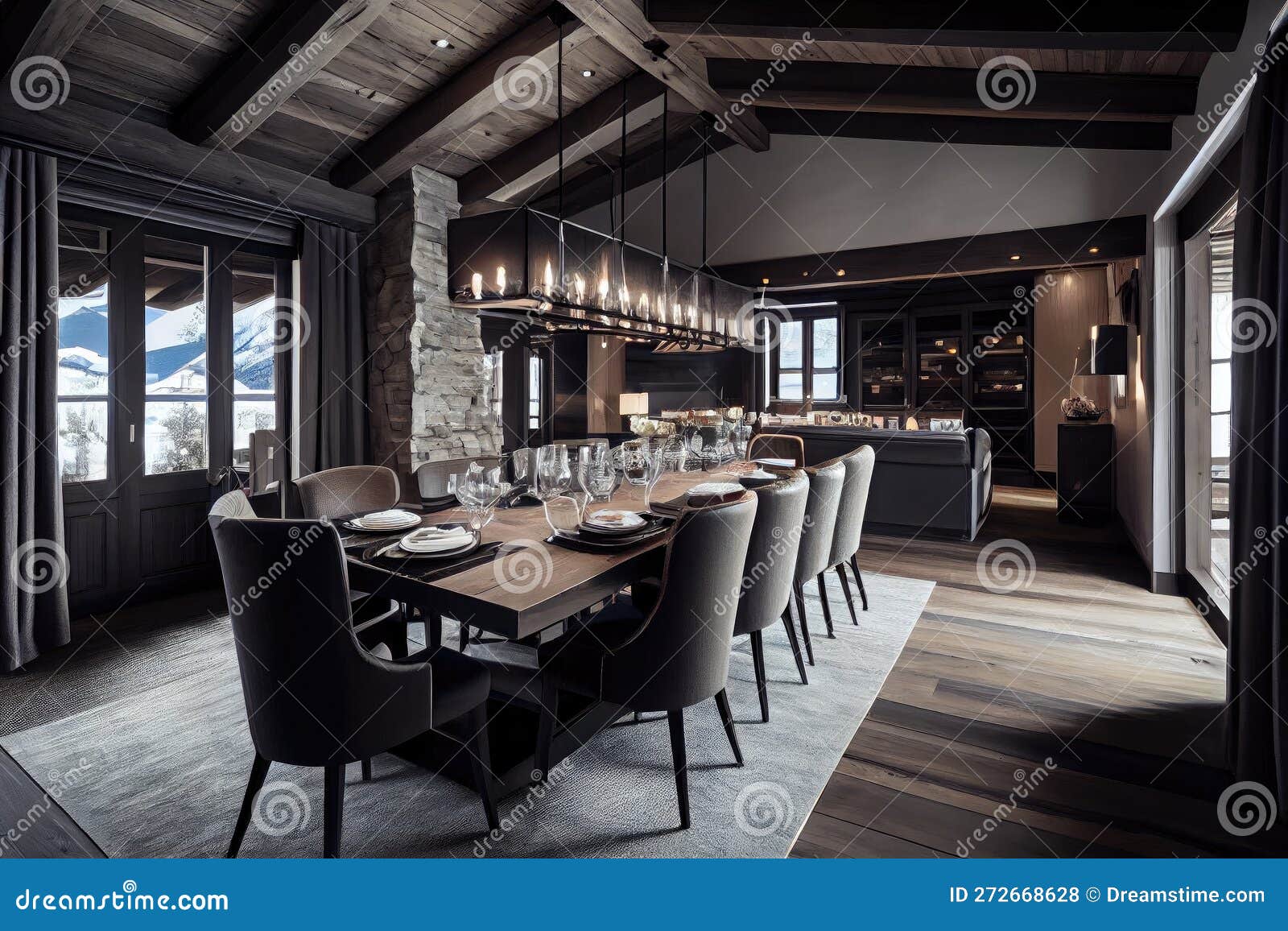 Spacious Dining Room with Bar and Big Dining Table on Chalet Stock ...