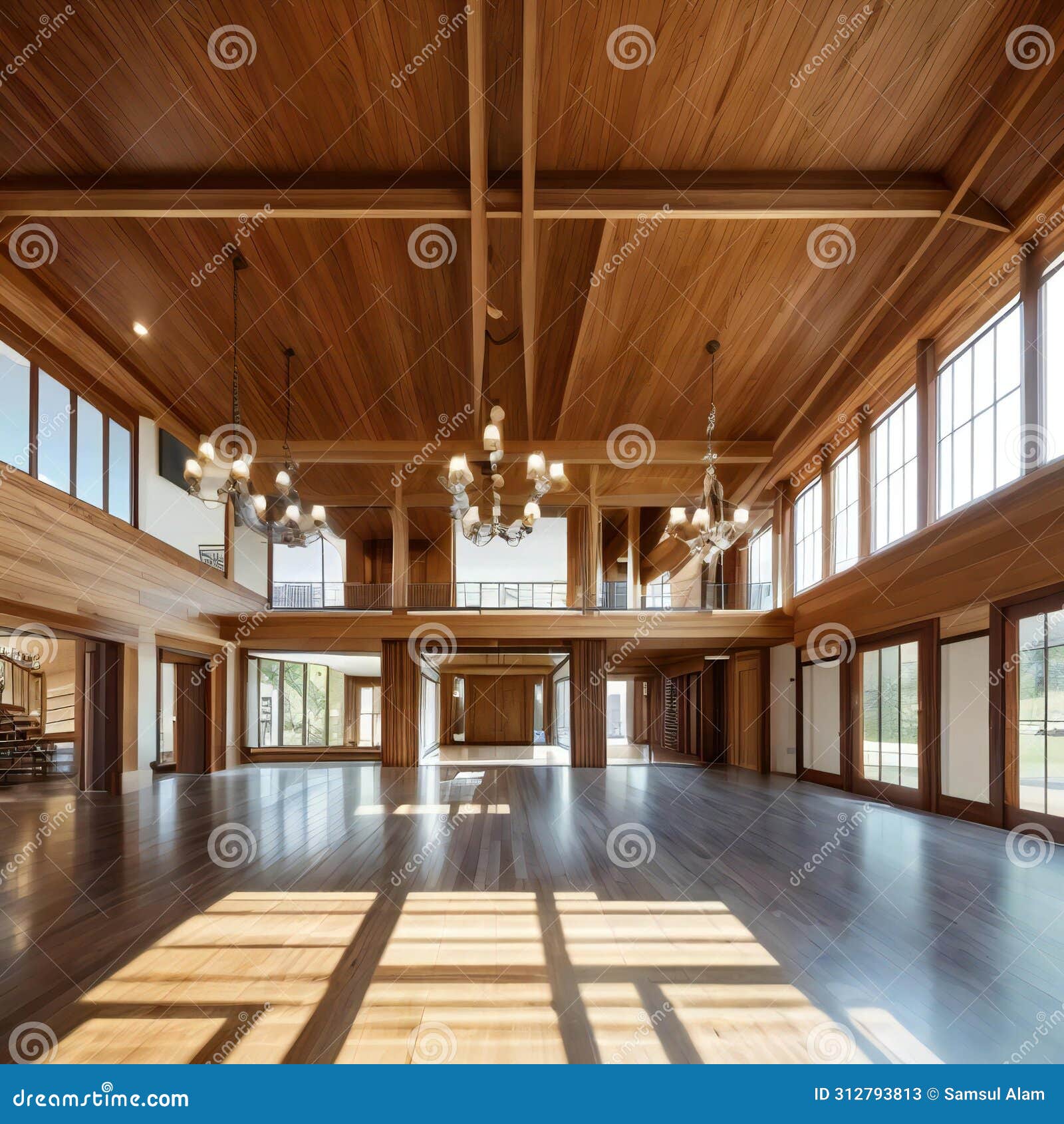 Spacious Empty Hall with Wooden Floors, High Ceilings, and Large ...