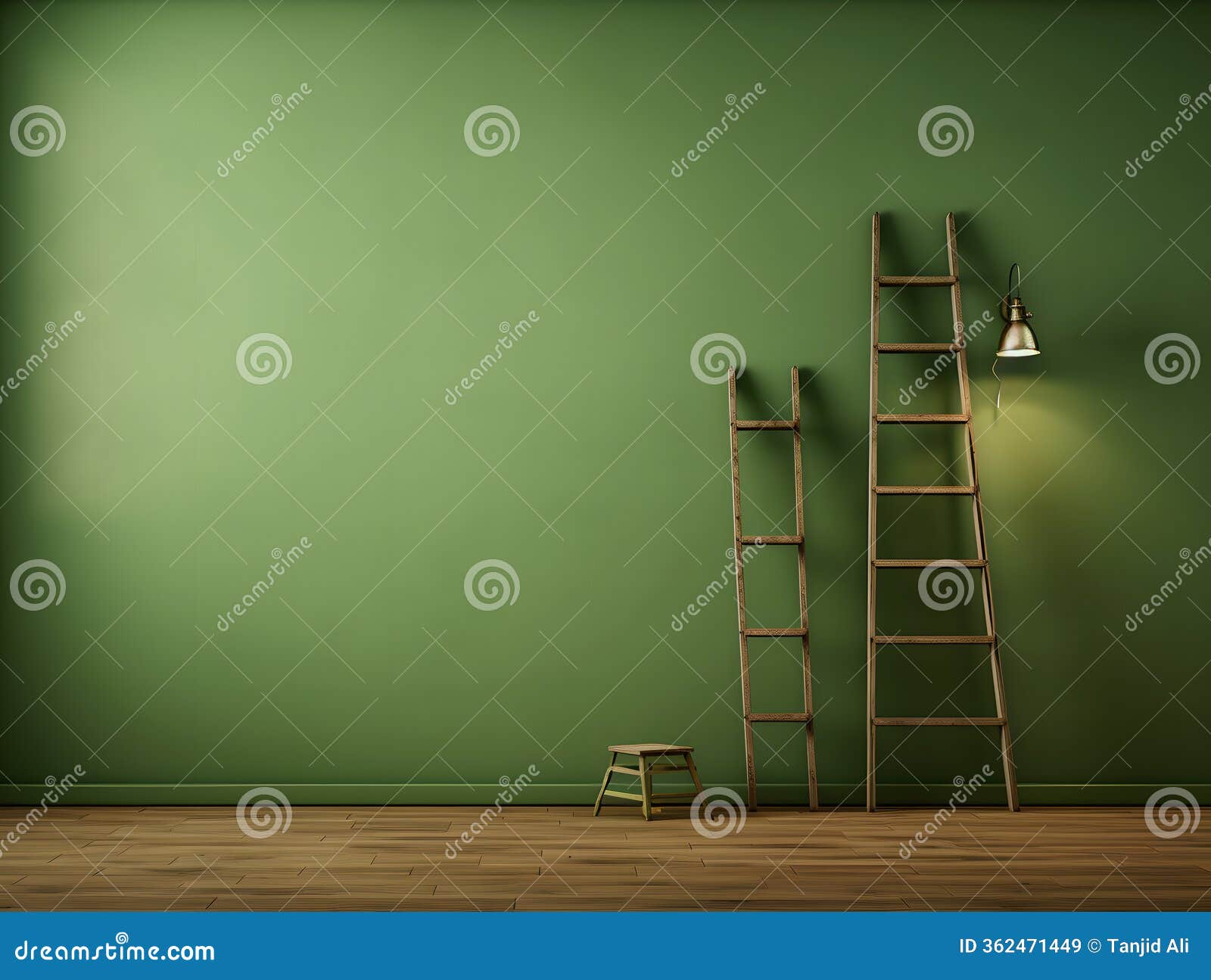 Empty Green Wall Room with Ladders and Wooden Steps Stock Illustration ...