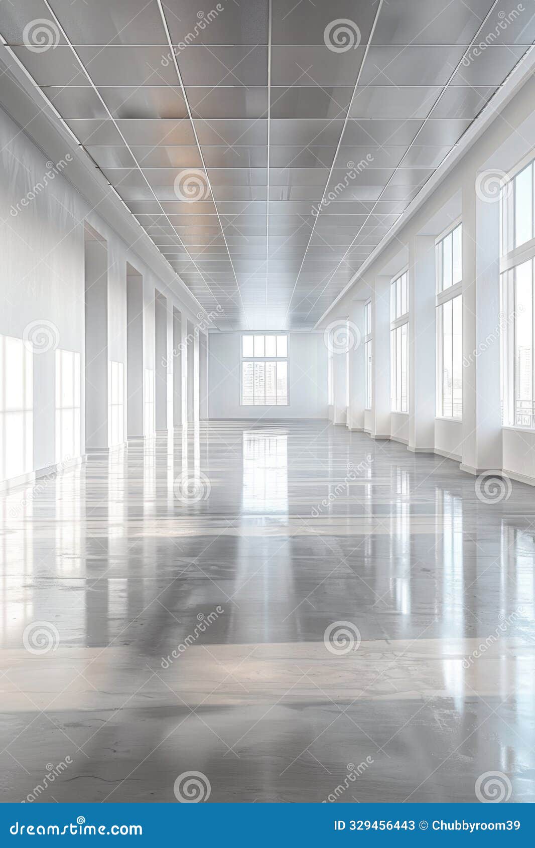 Spacious, Empty Showroom Mockup with White Walls and Polished Floors ...