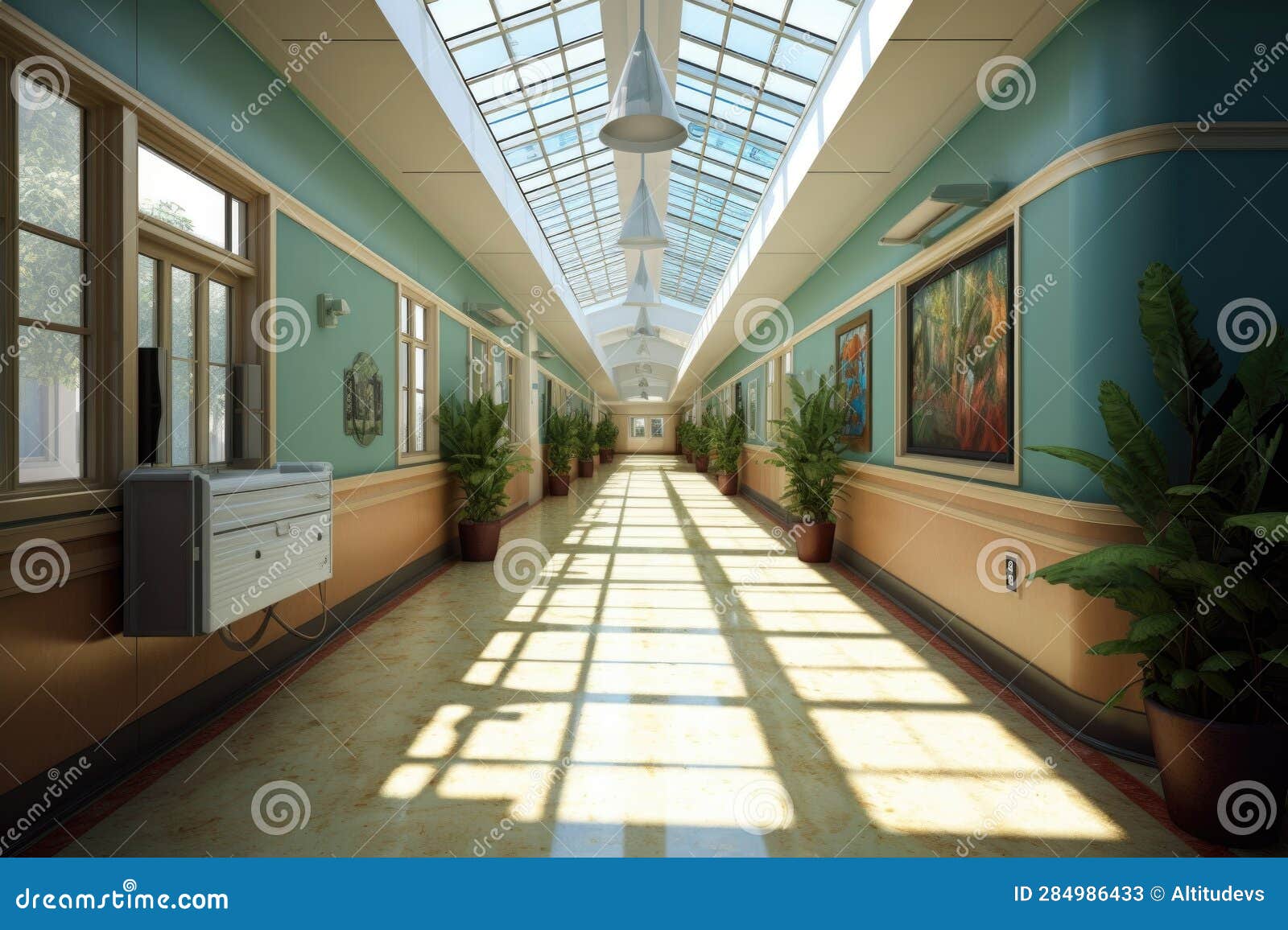 Spacious Hospital Corridor with Skylight Stock Illustration ...