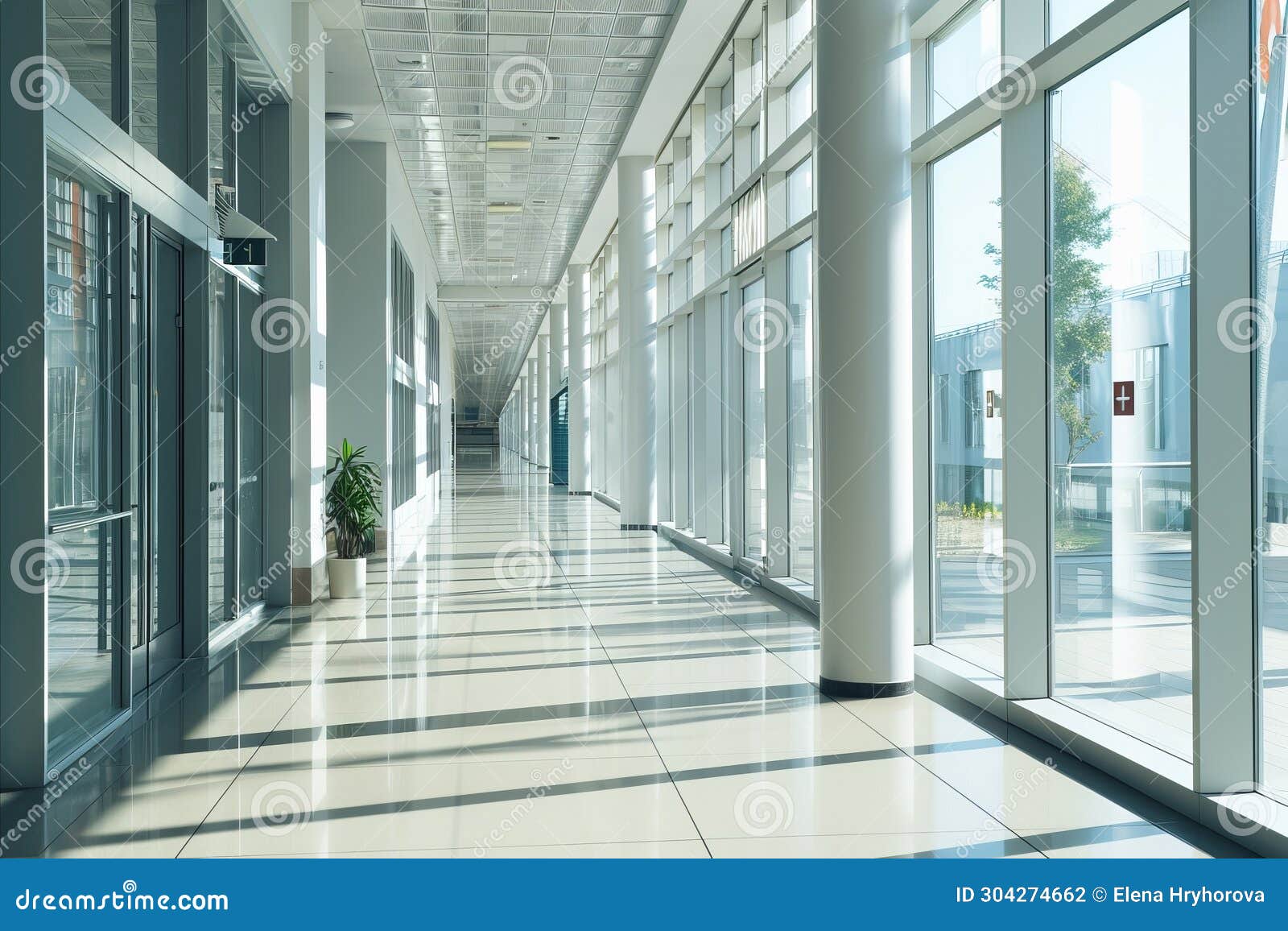 Spacious Hospital Hallway with Reflective Flooring and Natural Light ...