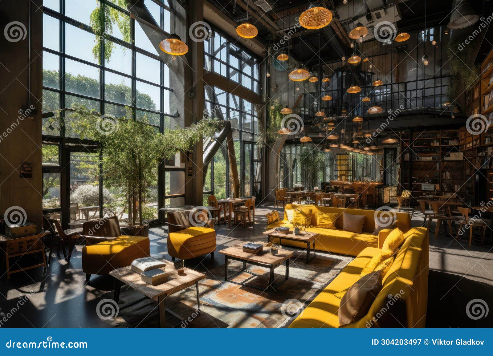 Spacious Industrial Cafe with Modern Yellow Accents. Generative AI ...