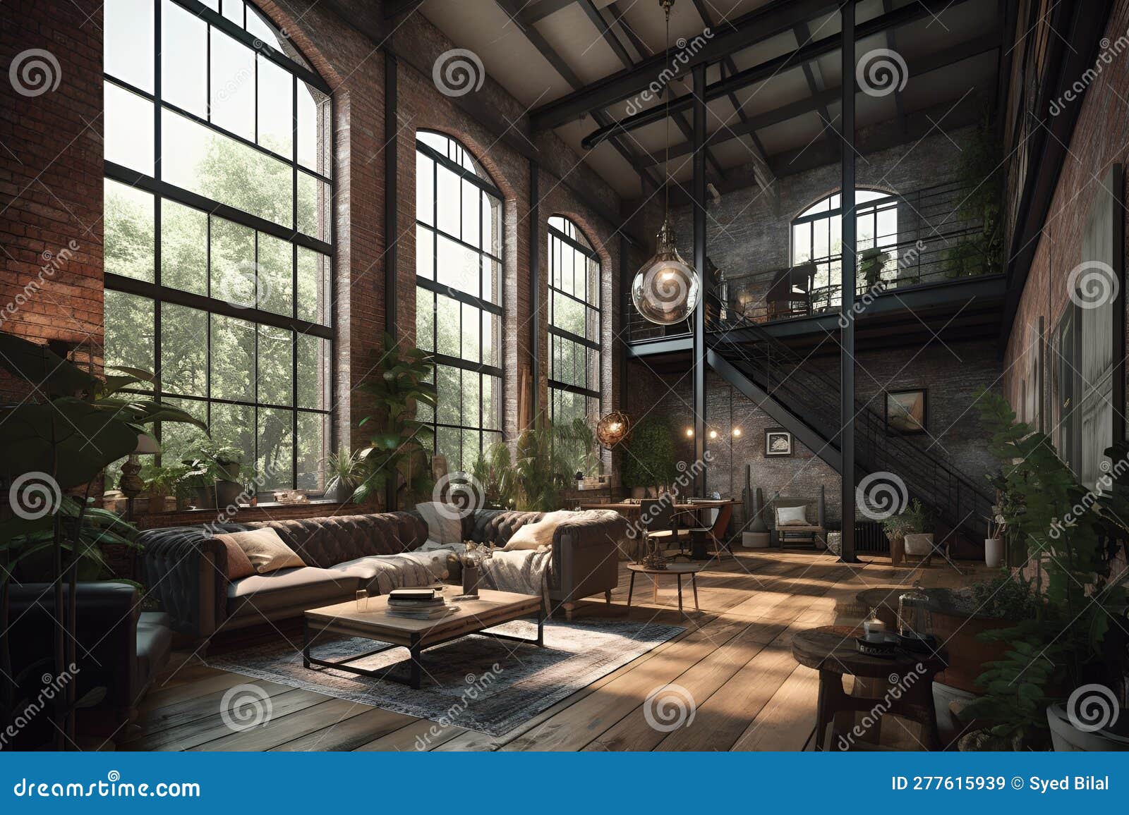 A Spacious Industrial Loft Featuring Brick Walls, Tall Ceilings, and ...