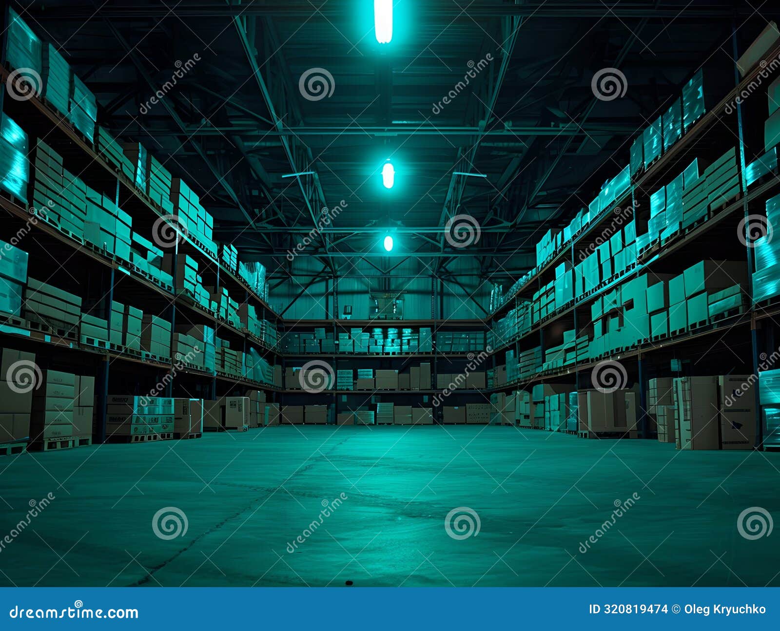 Spacious Industrial Warehouse at Night, Empty Aisles and Storage ...