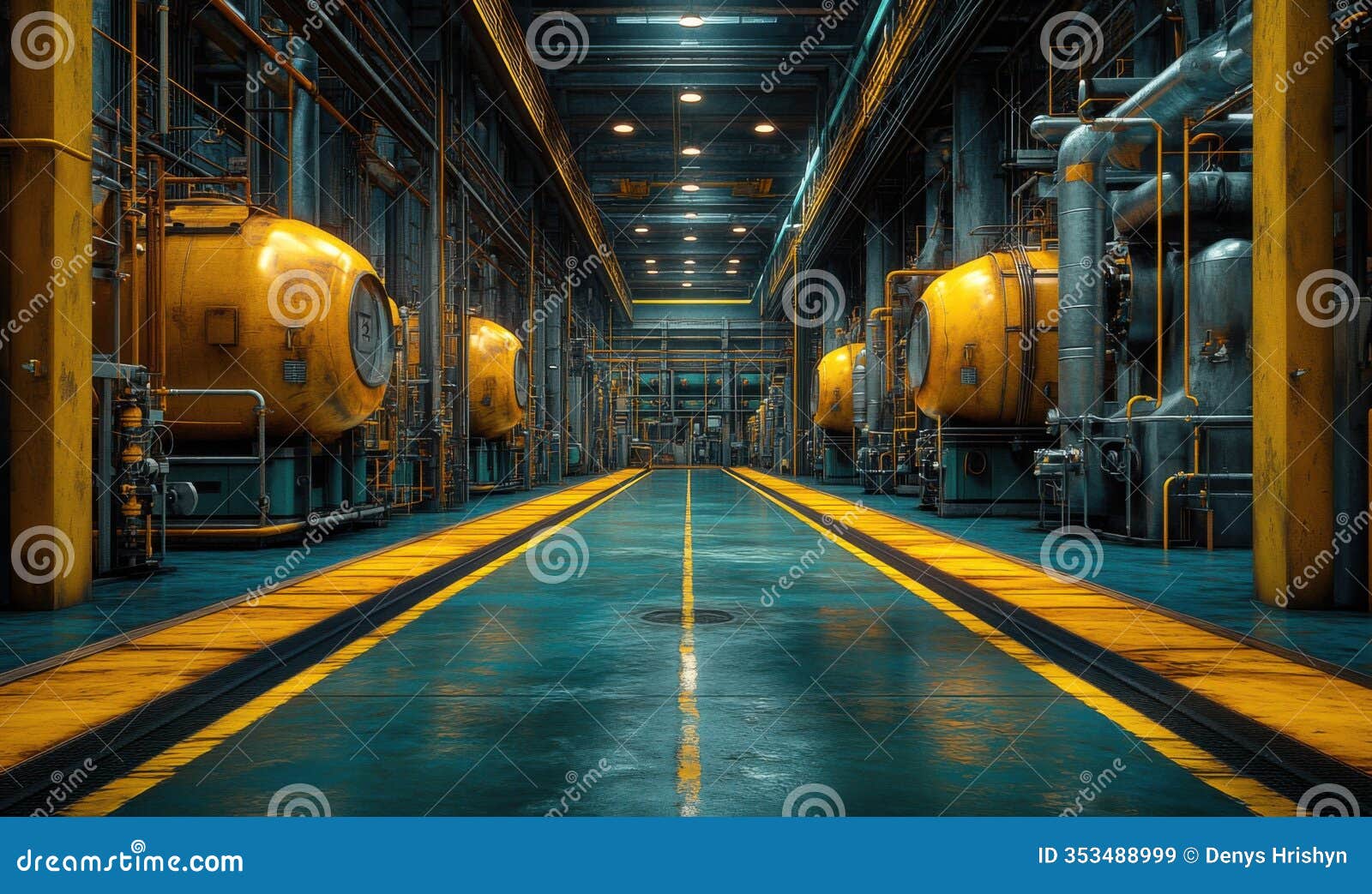 Industrial Workshop with Large Yellow Tanks and Intricate Pipes Stock ...
