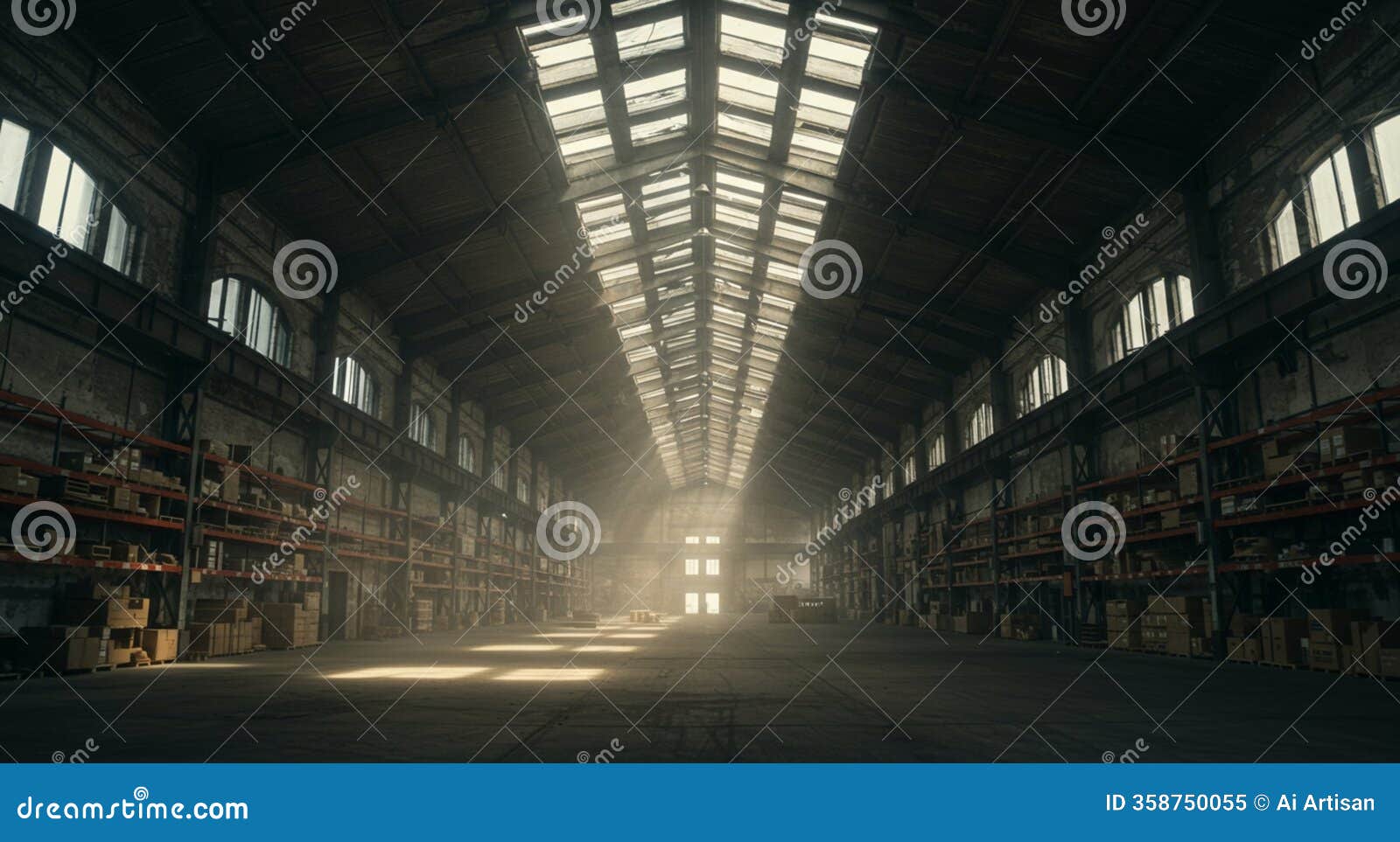 Spacious Interior of an Industrial Warehouse with High Ceilings and a ...