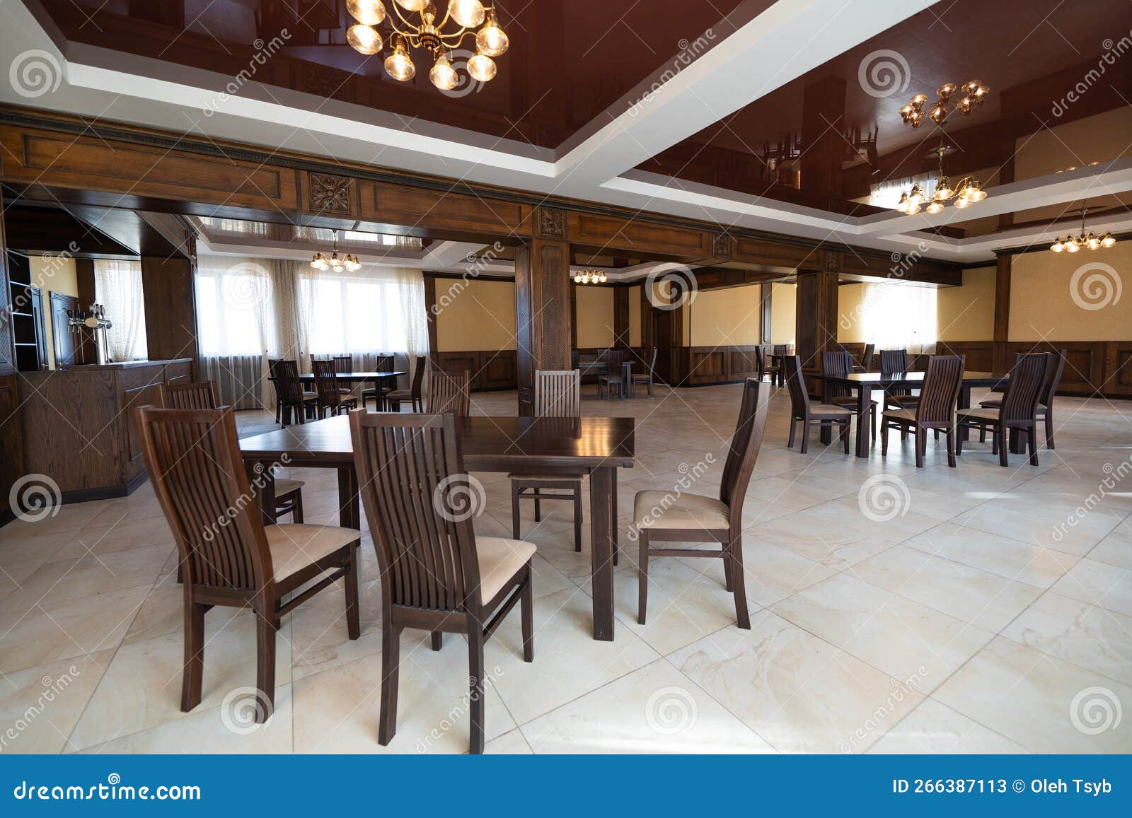 Spacious Interior of Modern Empty Large Restaurant with Tables and ...