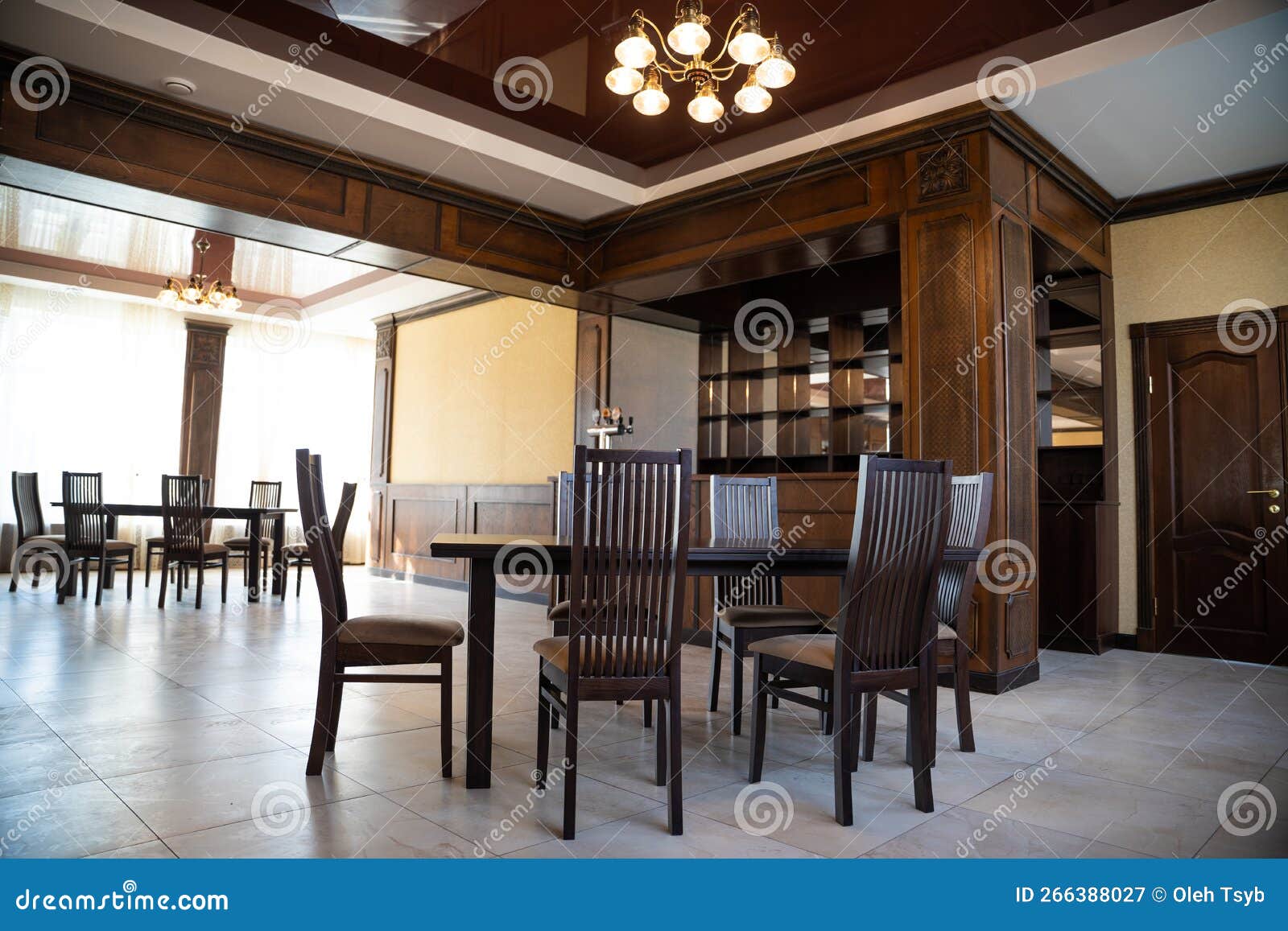 Spacious Interior of Modern Empty Large Restaurant with Tables and ...
