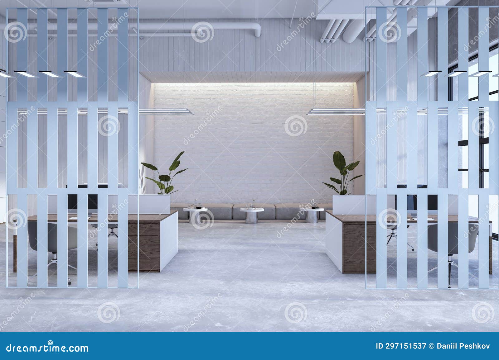 Spacious Light Coworking Office Interior with Suspended Partitions ...