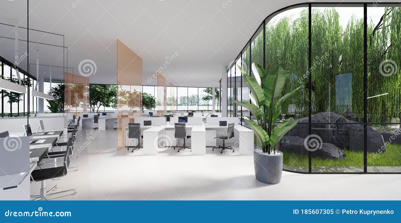Spacious Light and Lighted Office with Work Desks and Glass Partitions ...